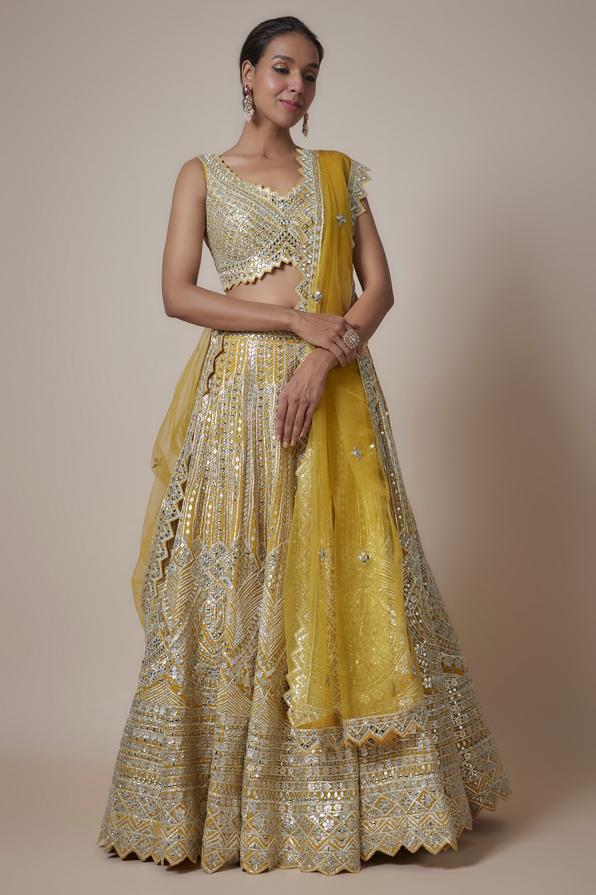 Yellow Organza Zari & Mirror Embroidered Wedding Lehenga Set by Suhino ...
