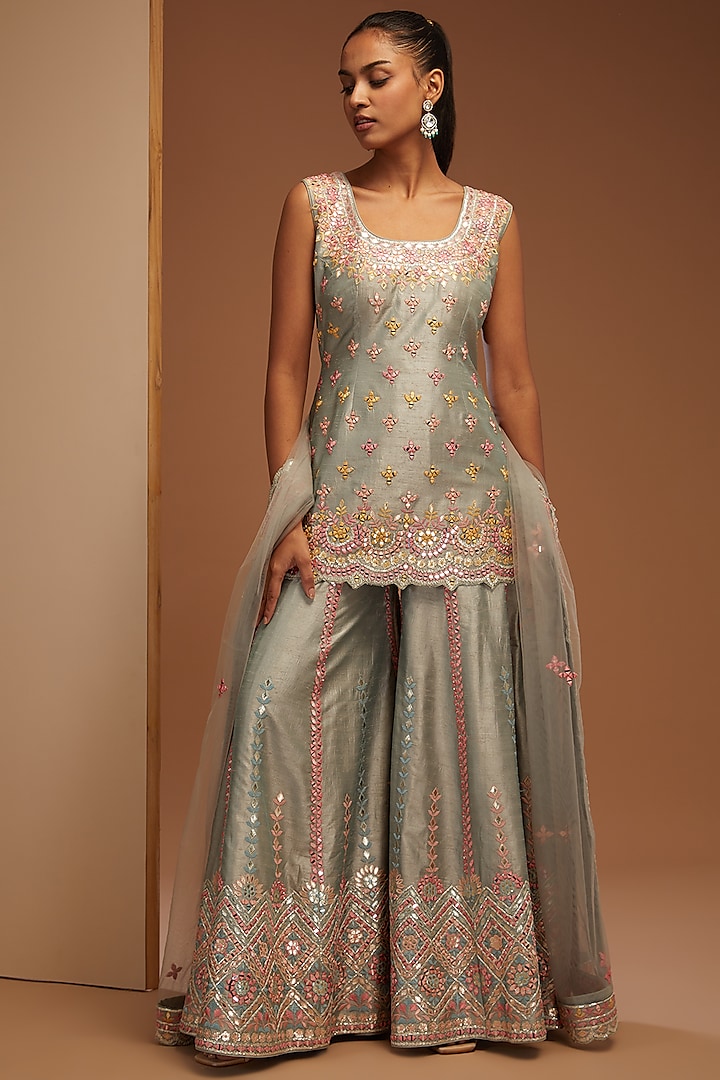 Grey Slub Silk Embroidered Sharara Set Design by Suhino at Pernia's Pop ...