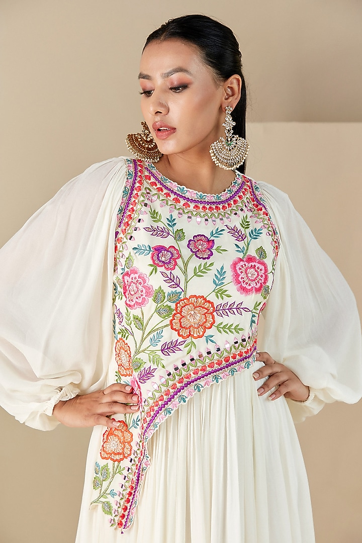 Off-White Georgette Crepe Thread Embroidered Dress by Suruchi Parakh at ...
