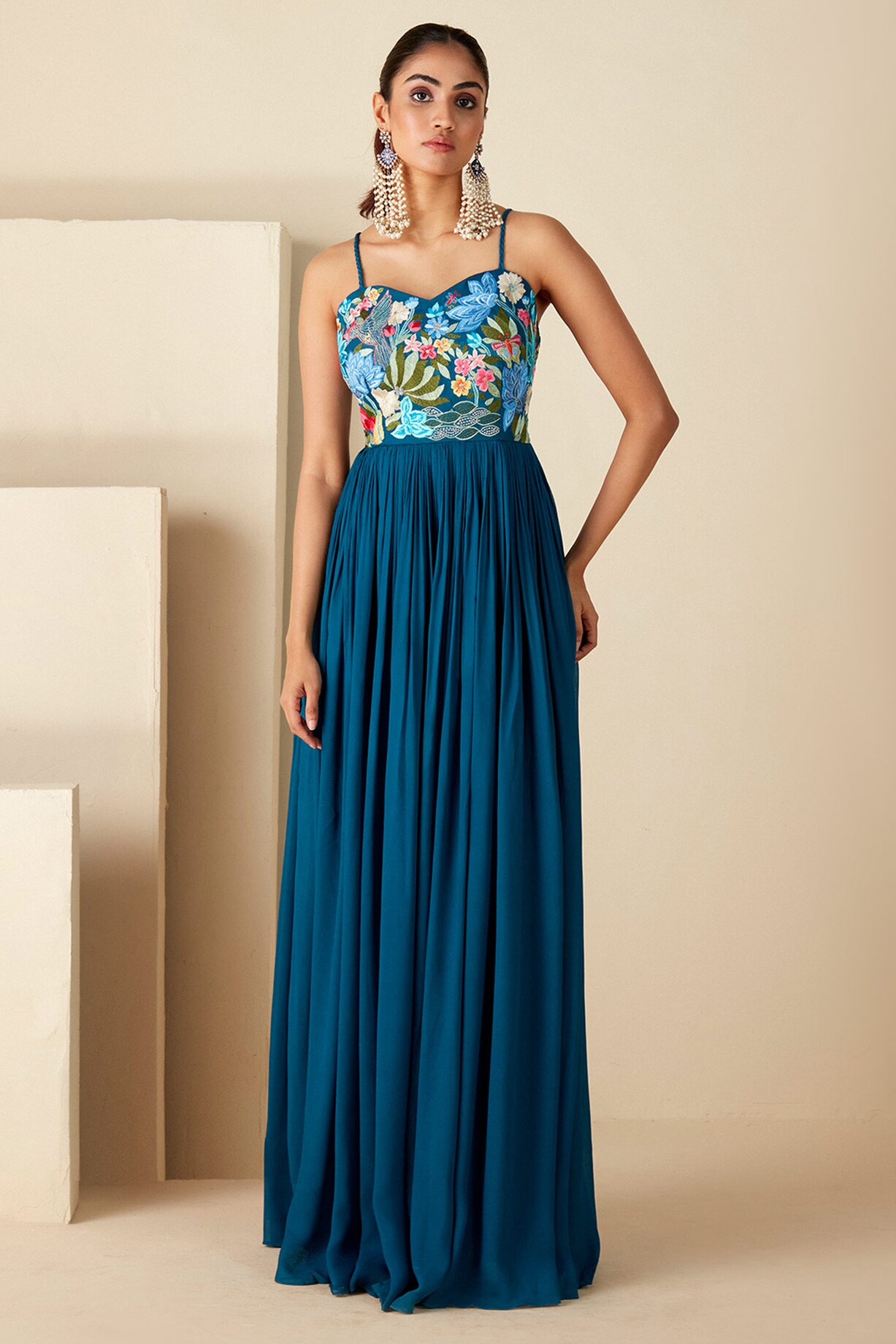 Teal Blue Georgette Crepe Thread Embroidered Dress by Suruchi Parakh at ...