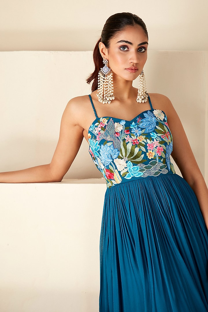 Teal Blue Georgette Crepe Thread Embroidered Dress Design by Suruchi ...