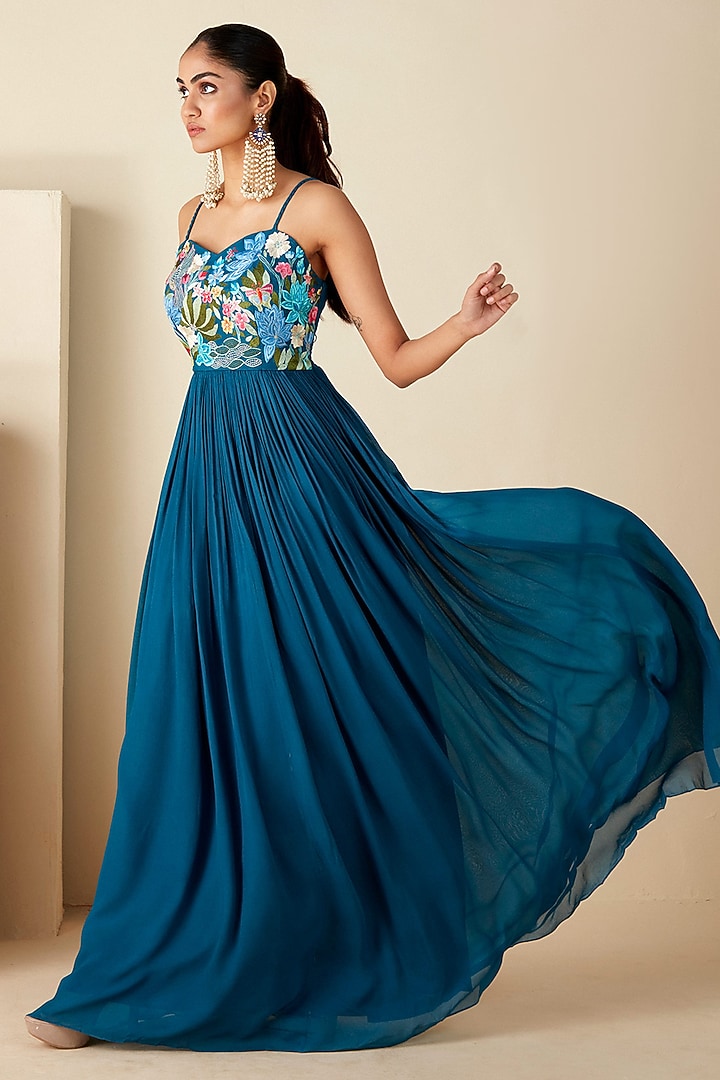 Teal Blue Georgette Crepe Thread Embroidered Dress Design by Suruchi ...