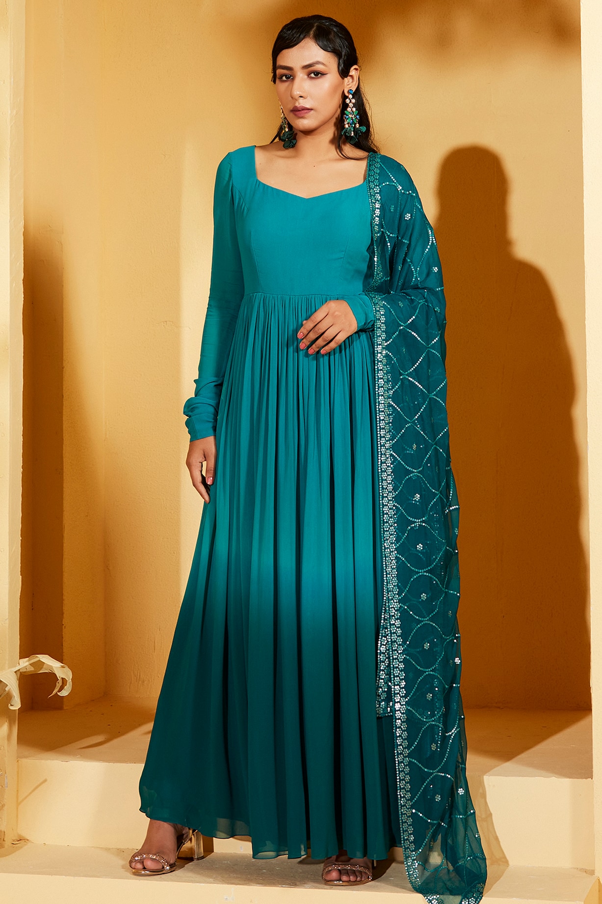 Teal Green Georgette Crepe & Chiffon Boota Embellished Anarkali Set by ...