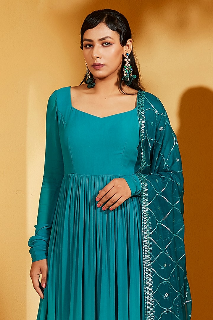 Teal Green Georgette Crepe & Chiffon Boota Embellished Anarkali Set by Suruchi Parakh at Pernia ...