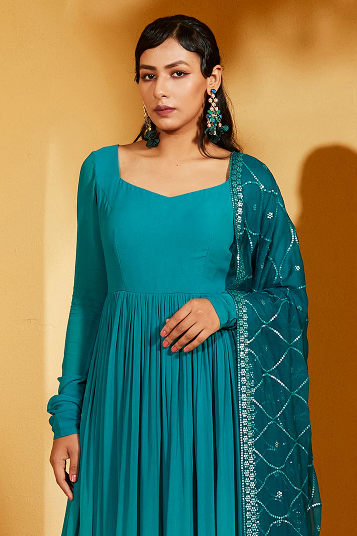 Teal Green Georgette Crepe & Chiffon Boota Embellished Anarkali Set by ...