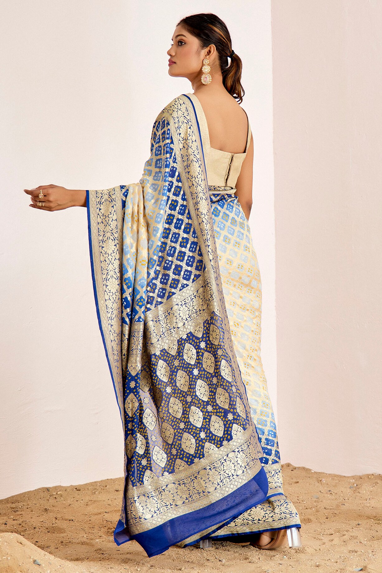 Cream & Blue Banarasi Bandhani Saree Set by Suruchi Parakh at Pernia's ...