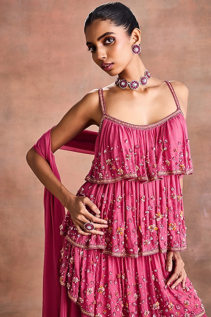 Raspberry Pink Chiffon & Mori Silk Flared Bridal Sharara Set by Supria ...
