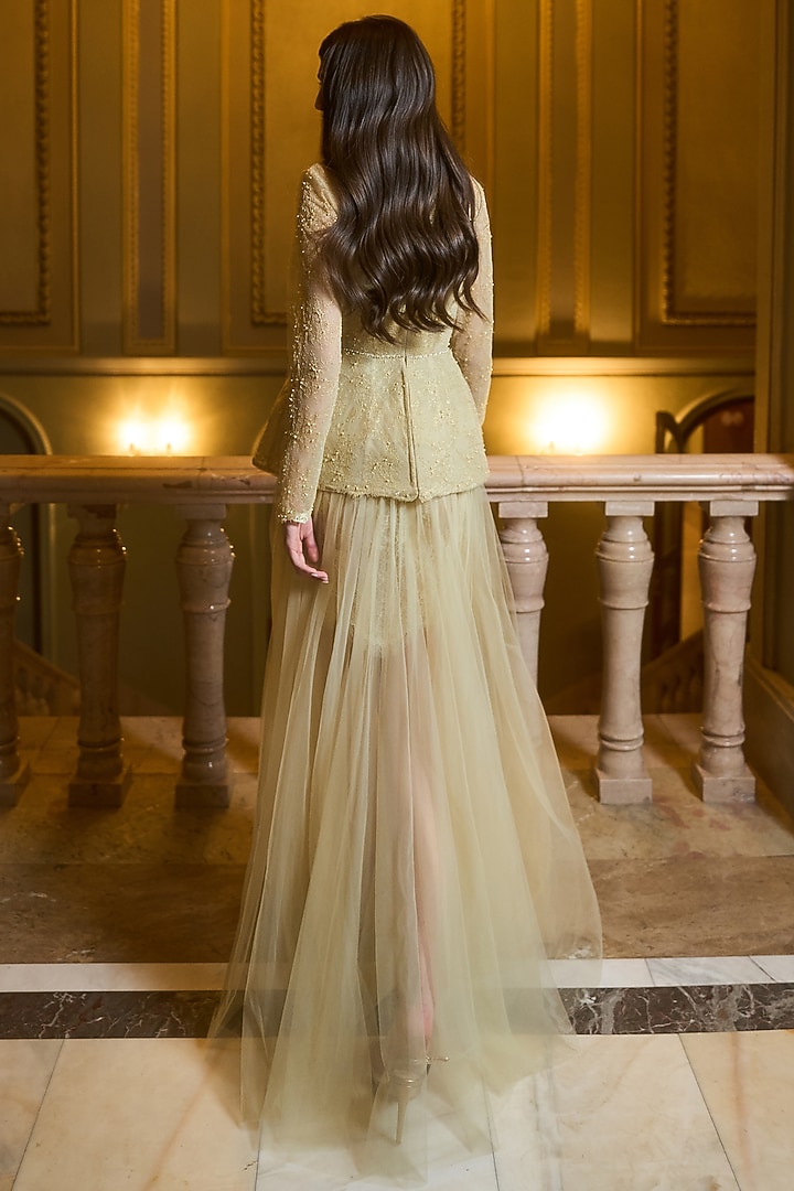 Dusty Yellow Tulle Pearl Embellished Peplum Wedding Gown by Supria ...