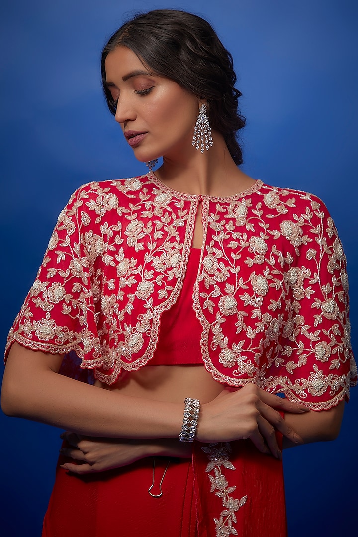 Red Chiffon Embroidered Poncho Saree Set Design by Summer by Priyanka ...