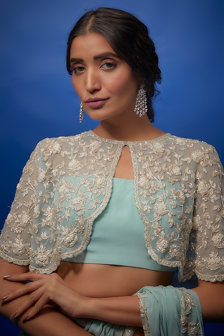 Blue Chiffon Embroidered Poncho Saree Set by Summer by Priyanka Gupta at Pernia's Pop Up Shop 2025