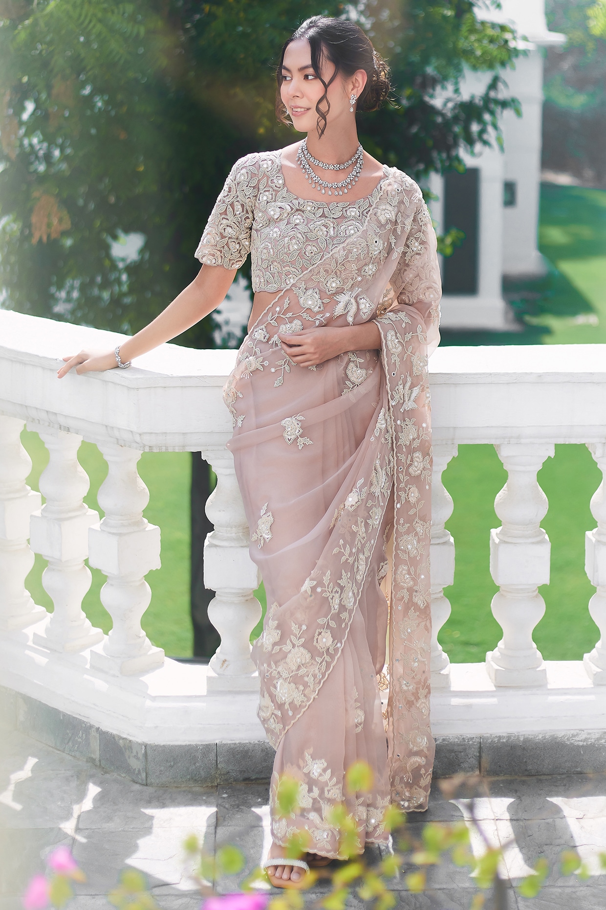 Fall Pink Organza Mirror Work Saree Set by Summer by Priyanka Gupta at ...