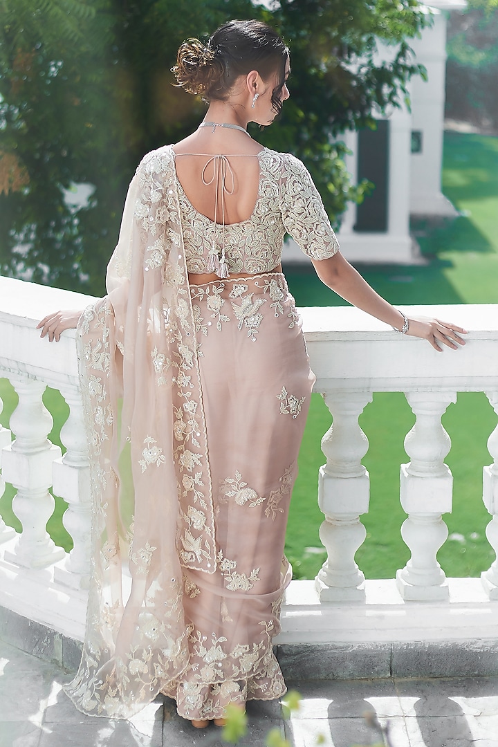 Fall Pink Organza Mirror Work Saree Set by Summer by Priyanka Gupta at ...