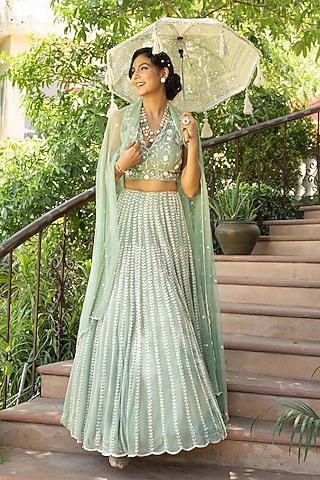 Sage Green Hand Embroidered Wedding Lehenga Set by Summer by Priyanka ...