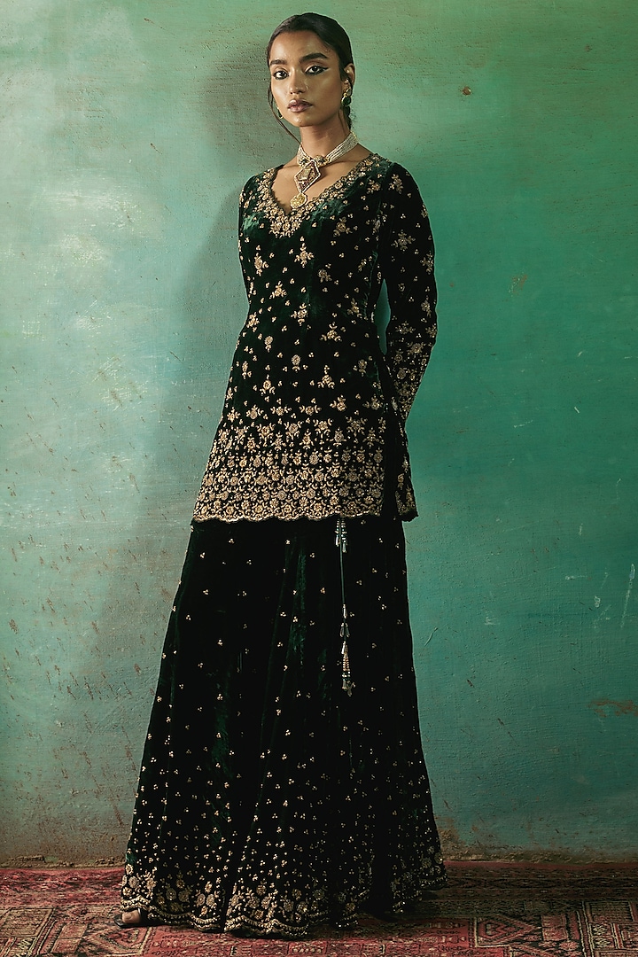Bottle Green Silk Velvet Zardosi Embroidered Gharara Set by Sureena ...