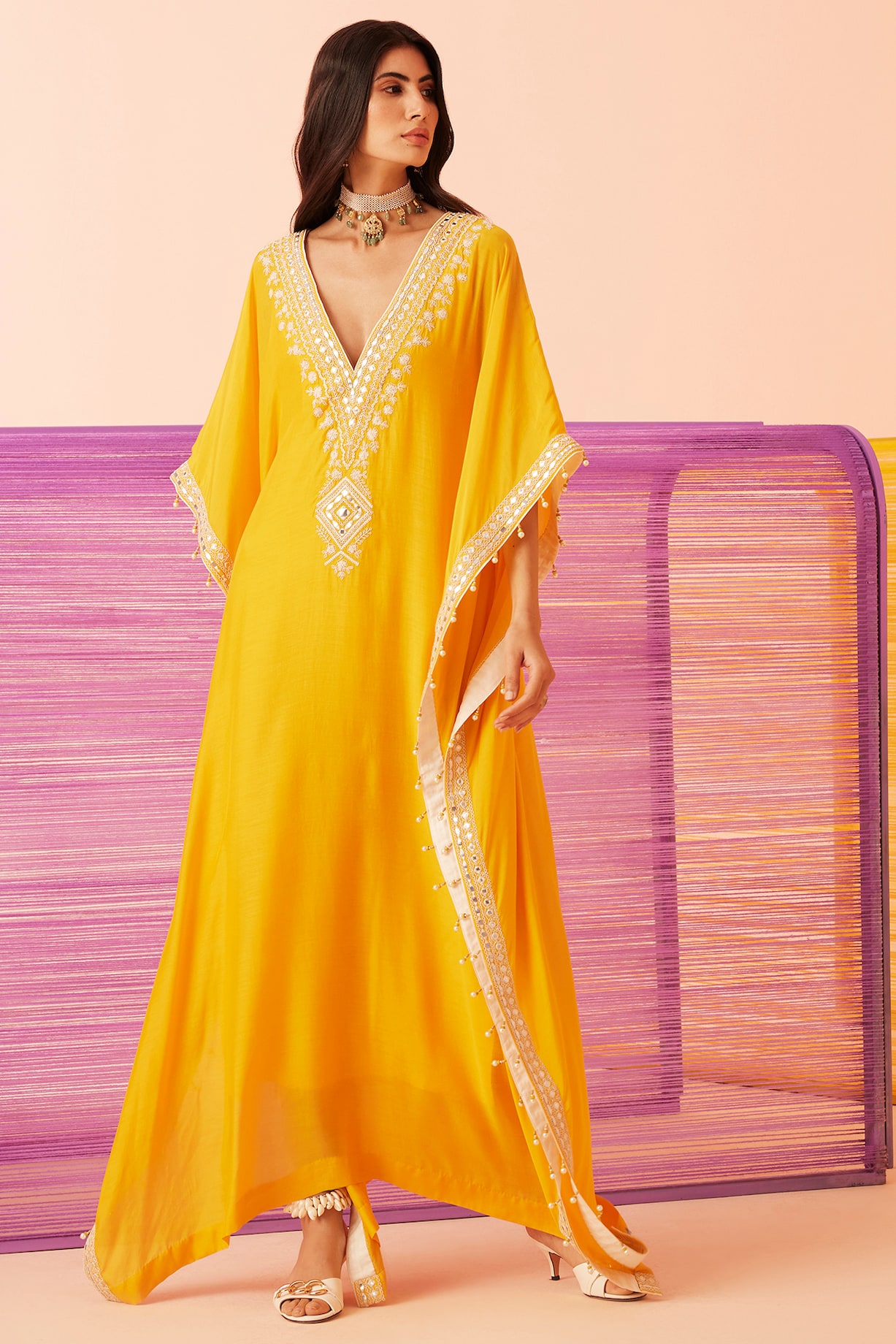 Yellow Muslin Embroidered Kaftan by Sureena Chowdhri at Pernia's Pop Up ...