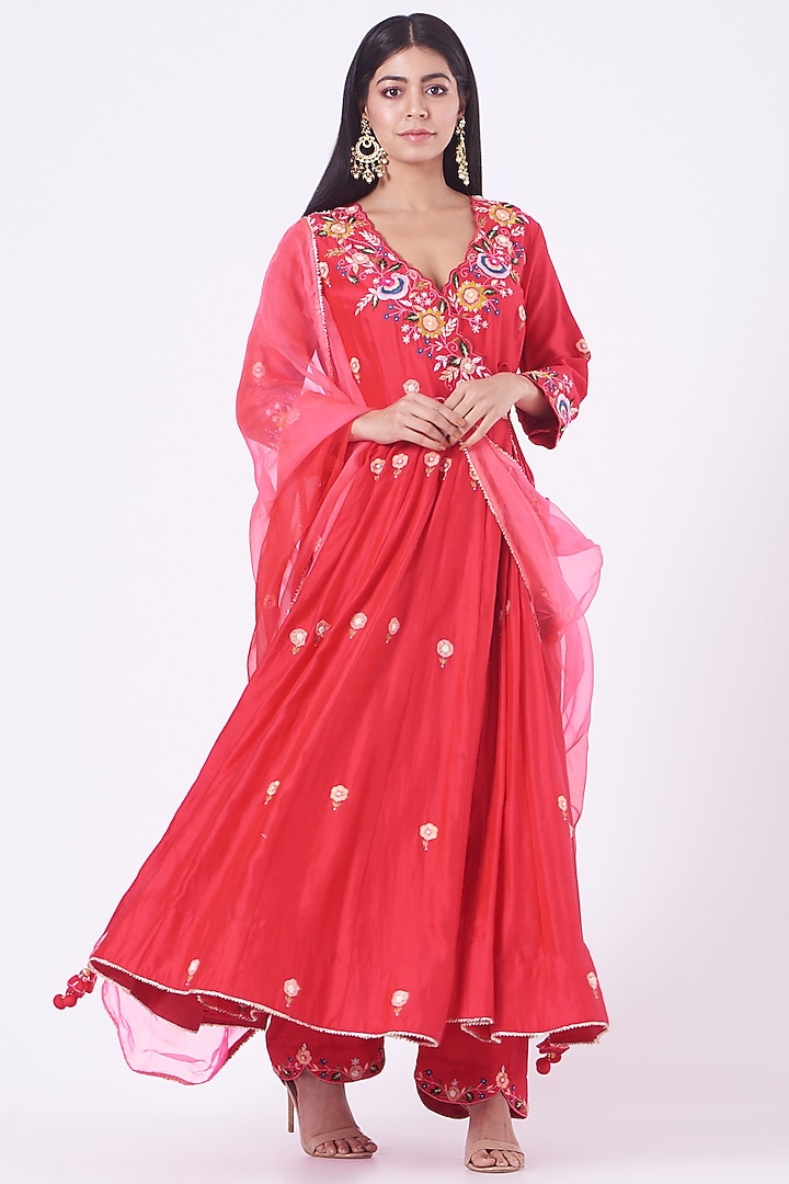 Red Embroidered Angrakha Anarkali Set by SURBHI SHAH at Pernia's Pop Up ...