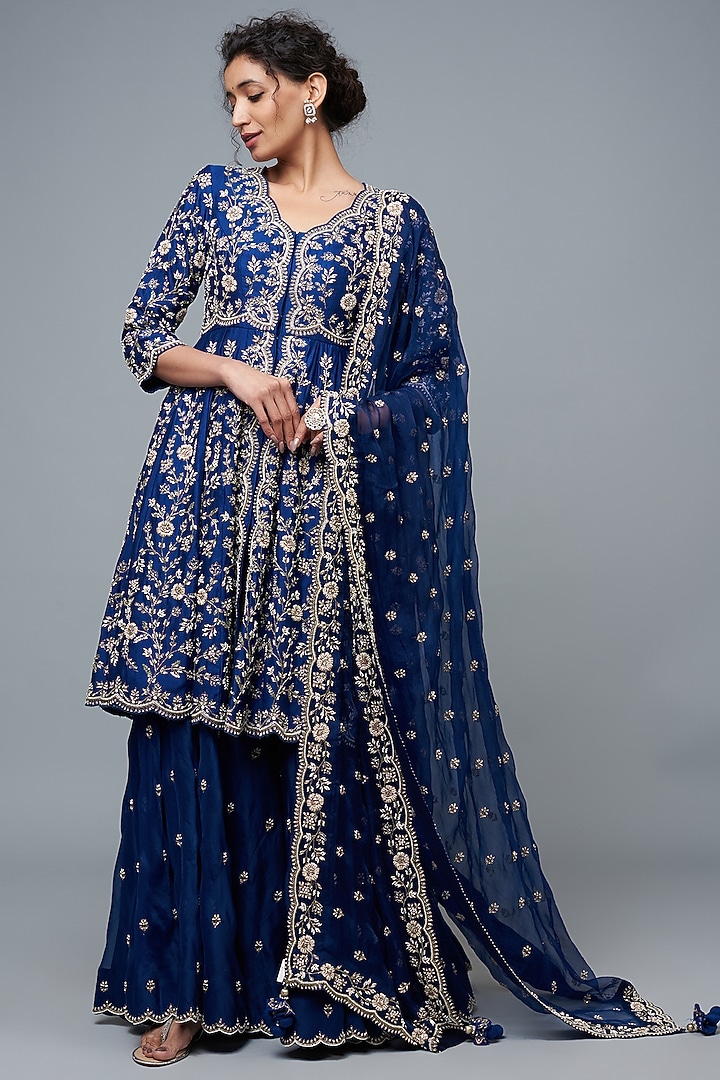 Deep Blue Organza Sharara Set by SURBHI SHAH at Pernia's Pop Up Shop 2024