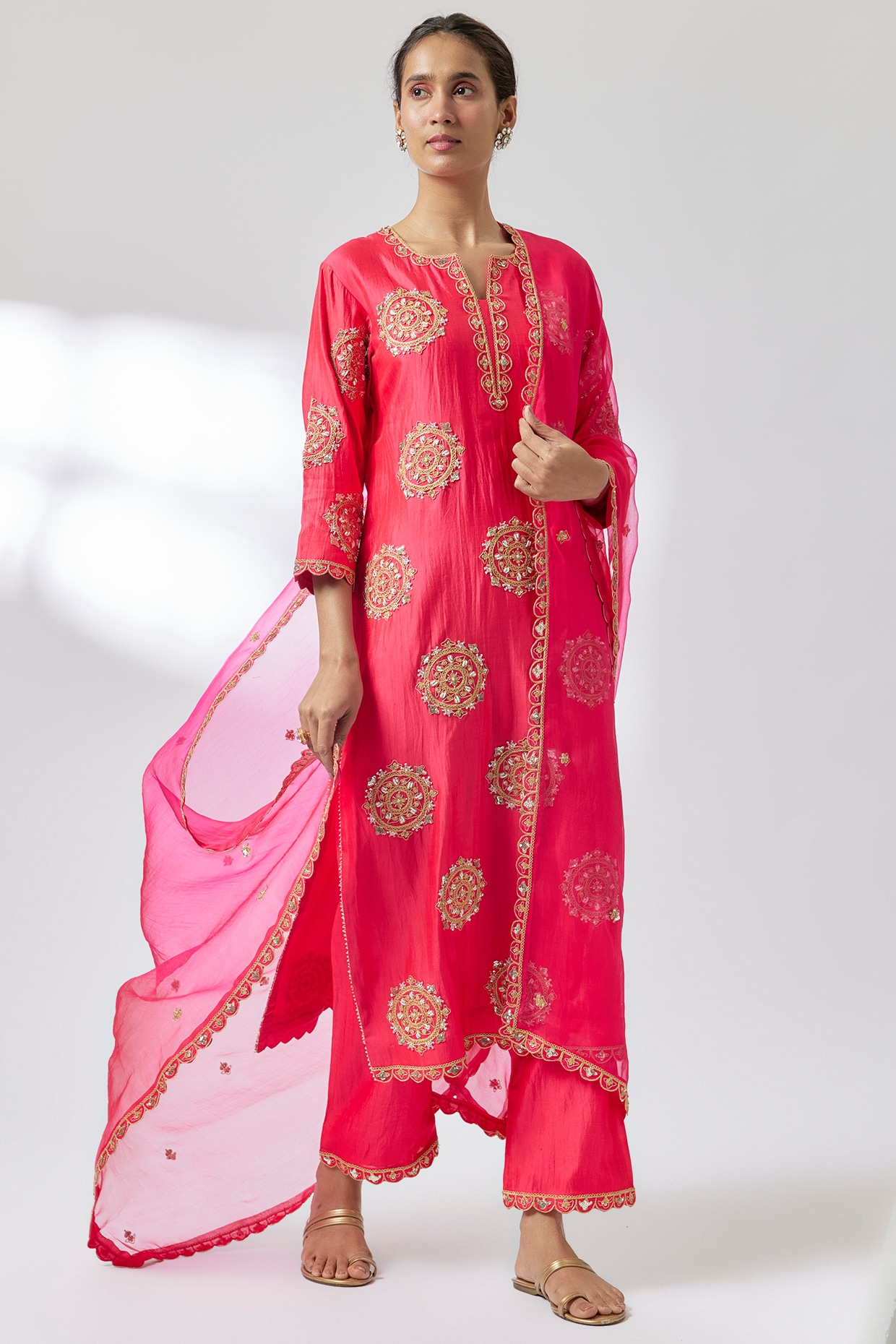Strawberry Red Spun Marodi Pearl Work Kurta Set by Surbhi Shah at ...