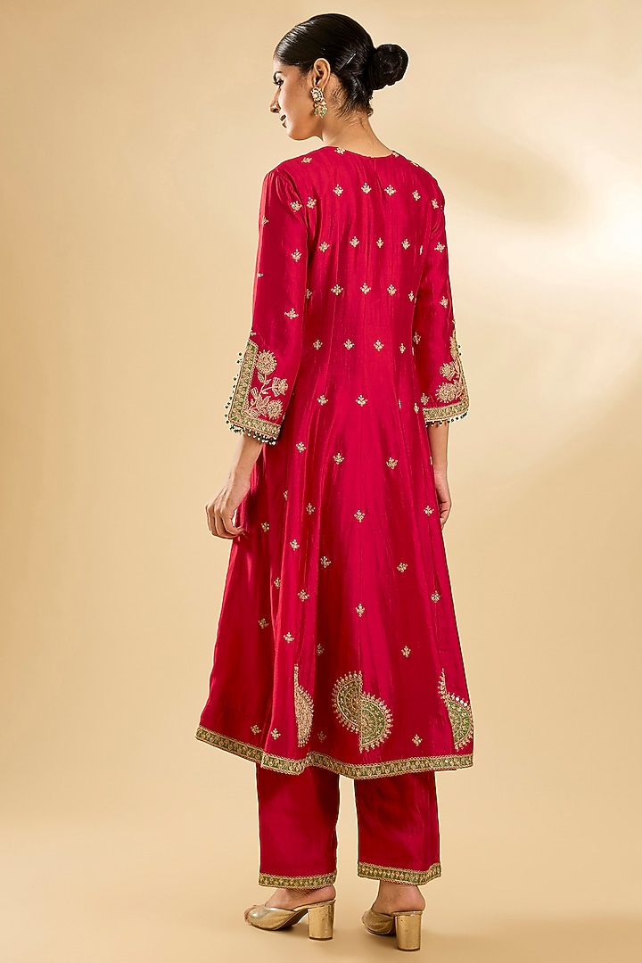 Deep Red Spun Silk Zardosi Work Wedding Anarkali Set by SURBHI SHAH at Pernia's Pop Up Shop 2025