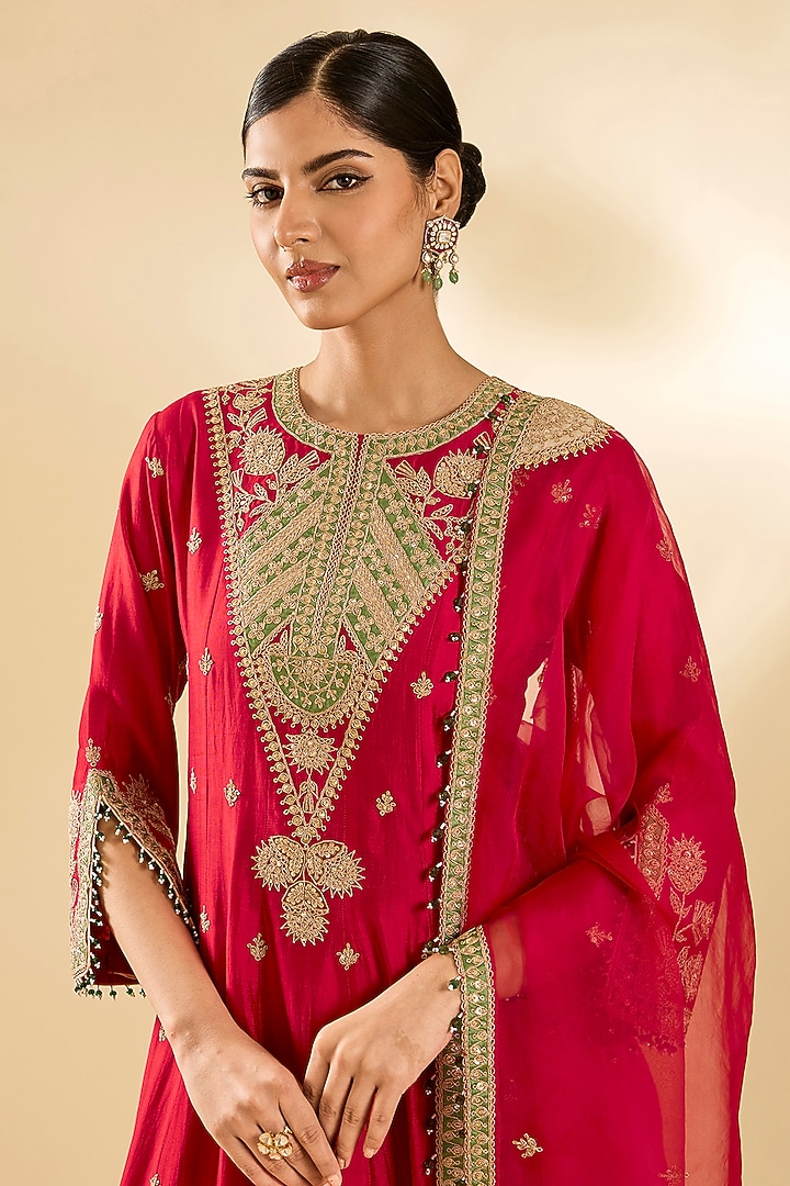 Deep Red Spun Silk Zardosi Work Wedding Anarkali Set by SURBHI SHAH at Pernia's Pop Up Shop 2025