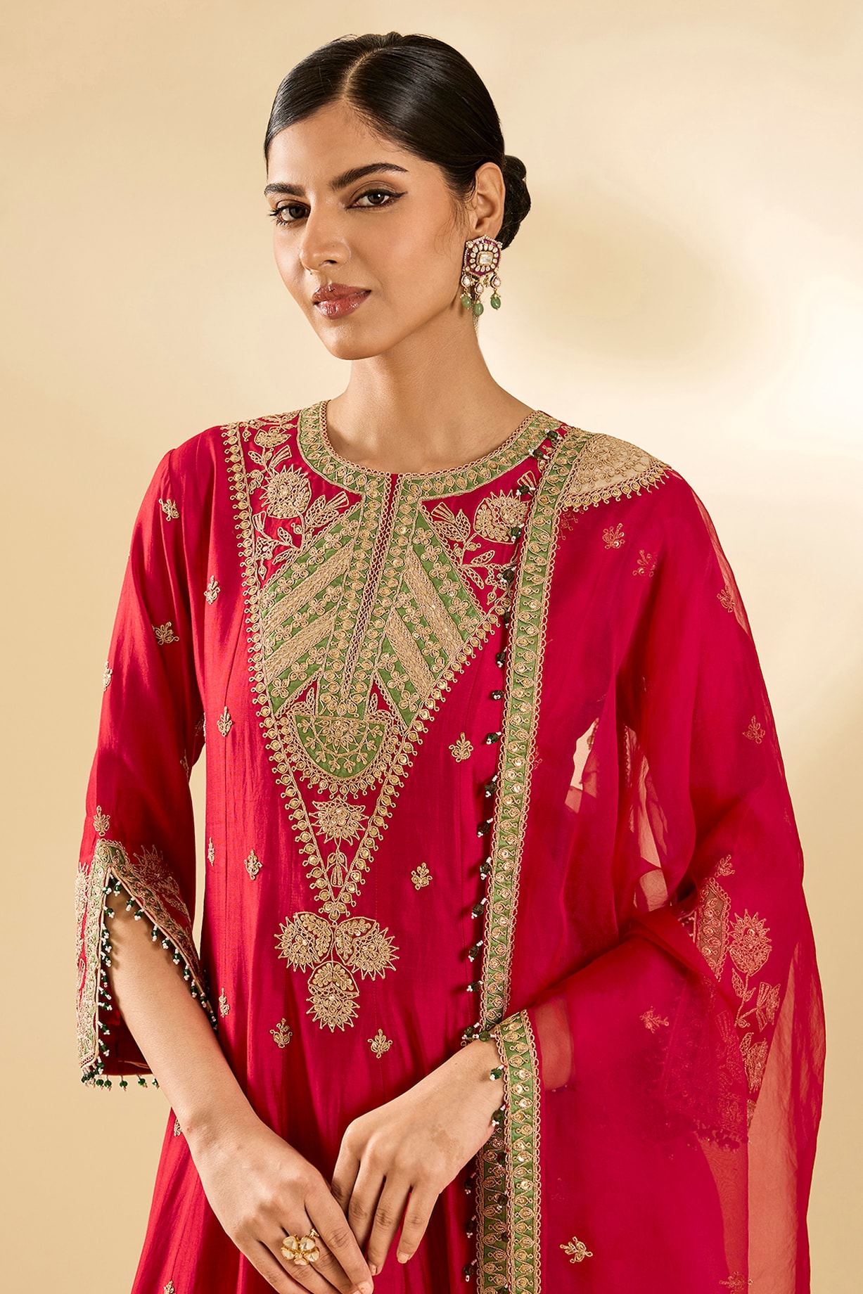 Deep Red Spun Silk Zardosi Work Wedding Anarkali Set by SURBHI SHAH at Pernia's Pop Up Shop 2025