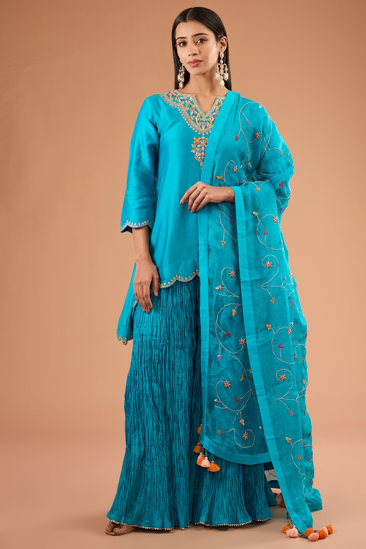 Turquoise Crushed Sharara Set by SURBHI SHAH at Pernia's Pop Up Shop 2025