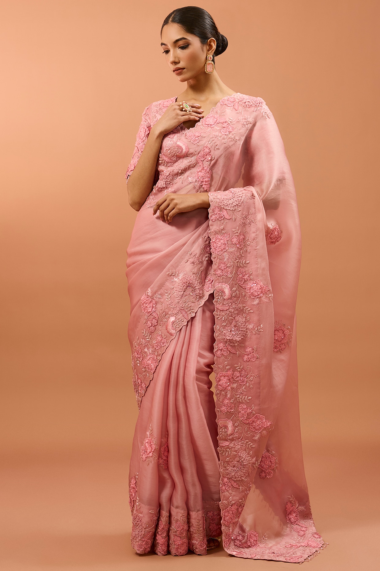 Pink Satin Organza 3D Floral & Cutdana Work Saree Set by SURBHI SHAH at ...