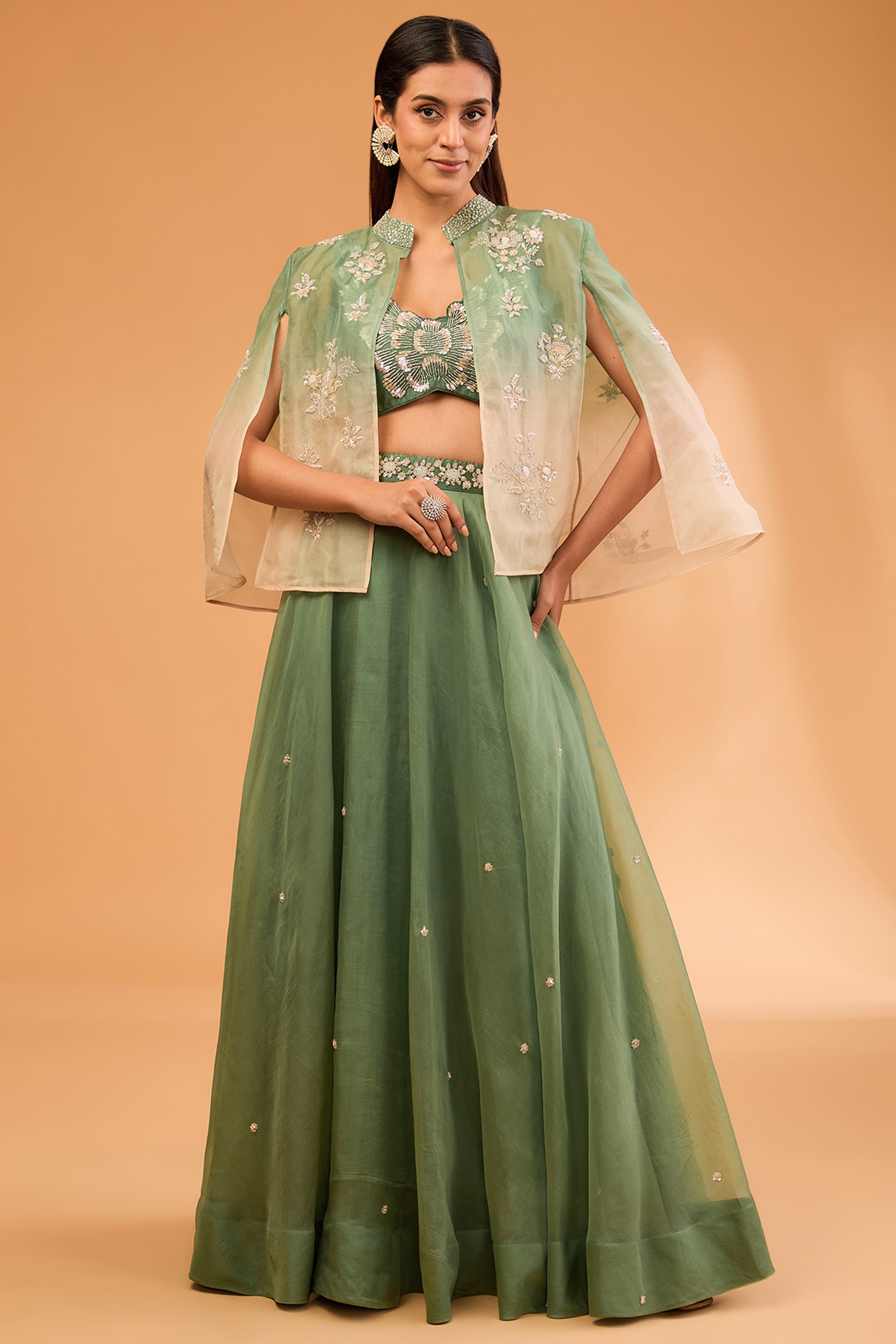 Green Shaded Organza Sequins & Cutdana Work Cape Set by SURBHI SHAH at ...