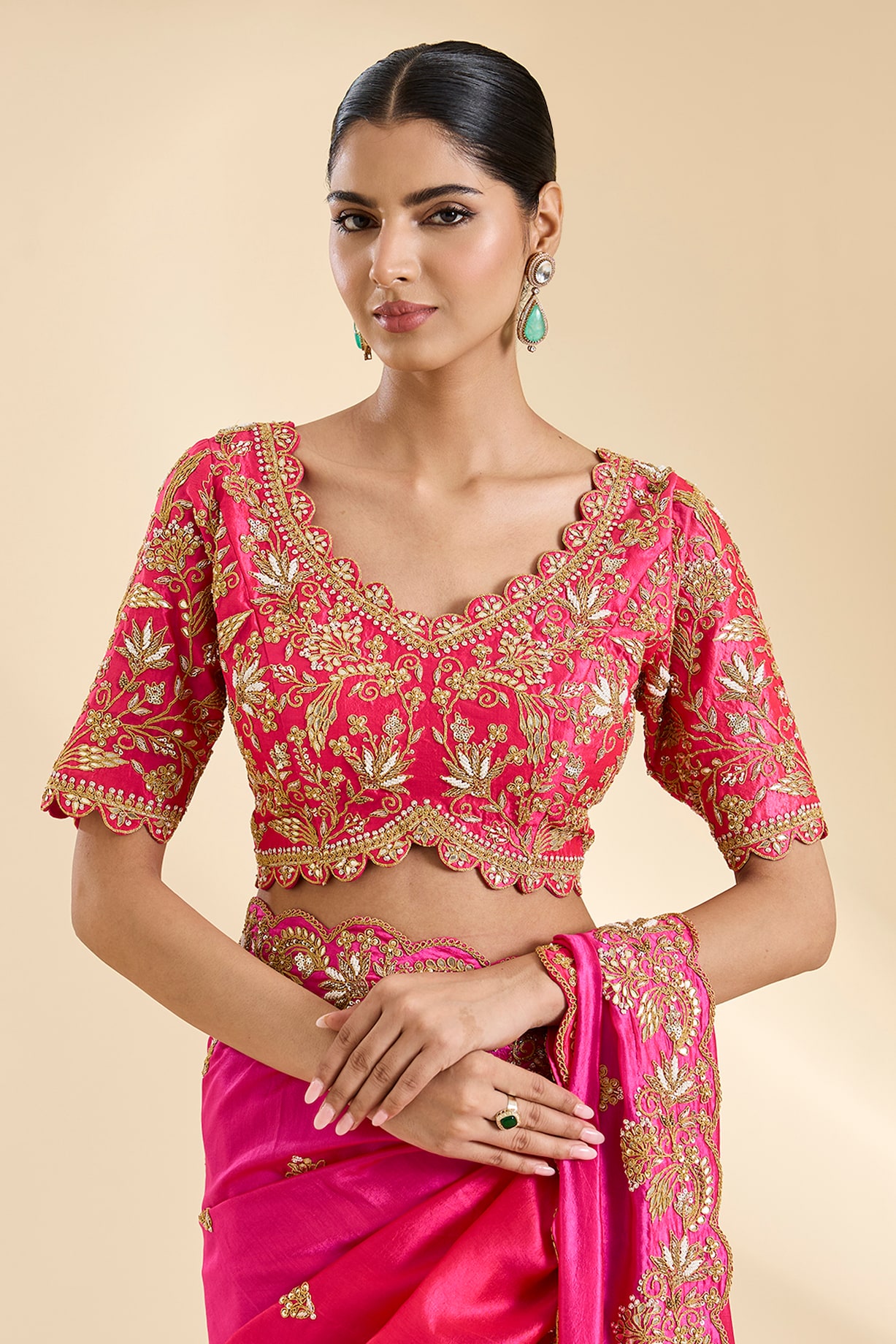 Red & Rani Pink Kora Silk Pearl & Marori Work Wedding Saree Set by ...