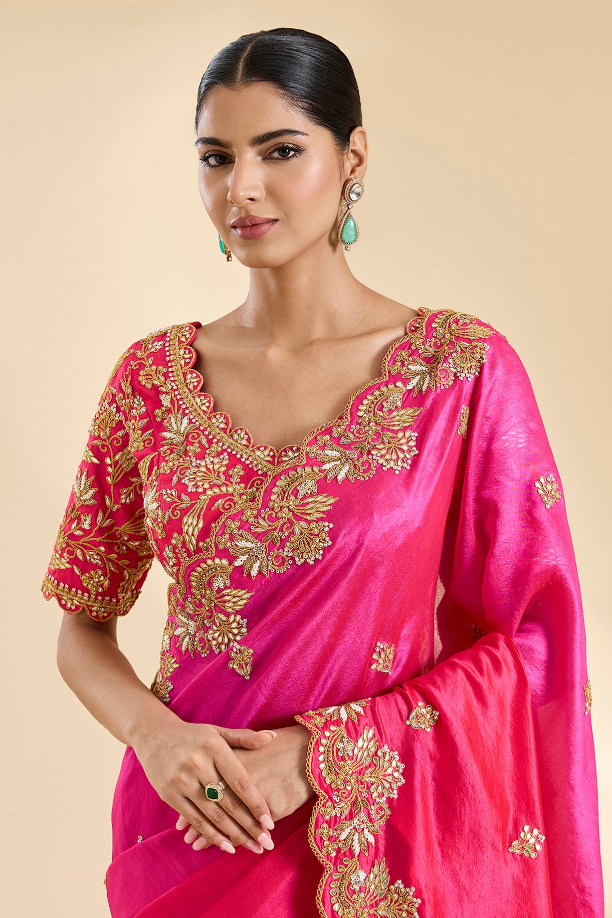 Red & Rani Pink Kora Silk Pearl & Marori Work Wedding Saree Set by ...