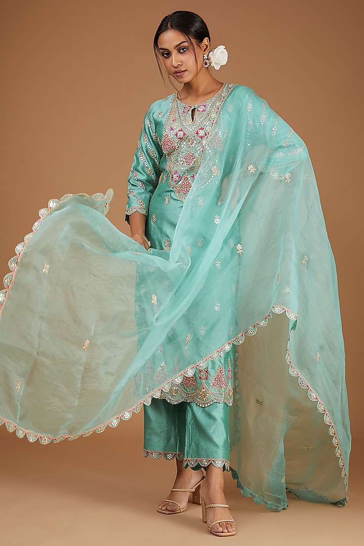 Aqua Blue Pure Spun Silk Gota Patti Kurta Set by SURBHI SHAH at Pernia ...