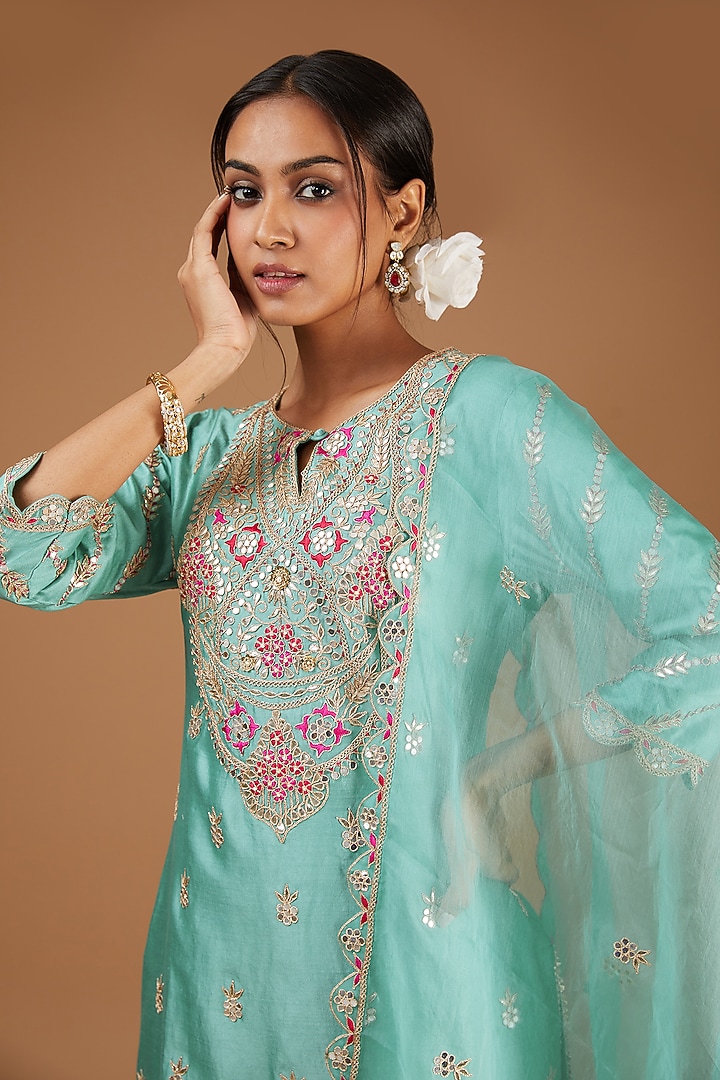 Aqua Blue Pure Spun Silk Gota Patti Kurta Set Design by SURBHI SHAH at ...