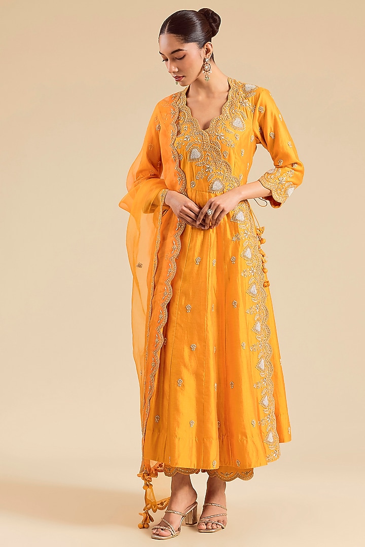 Mango Yellow Spun Silk Marori Work Angrakha Kurta Set by SURBHI SHAH at ...