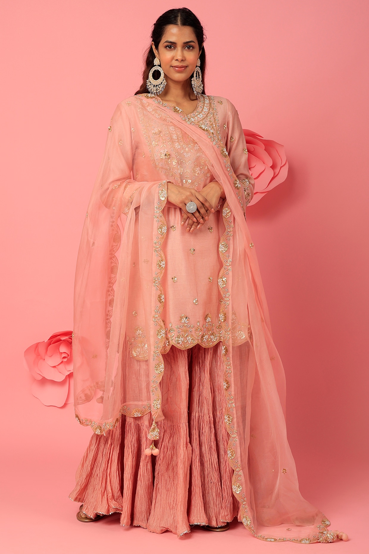 Rose Gold Pure Spun Silk Crush Sharara Set by SURBHI SHAH at Pernia's ...