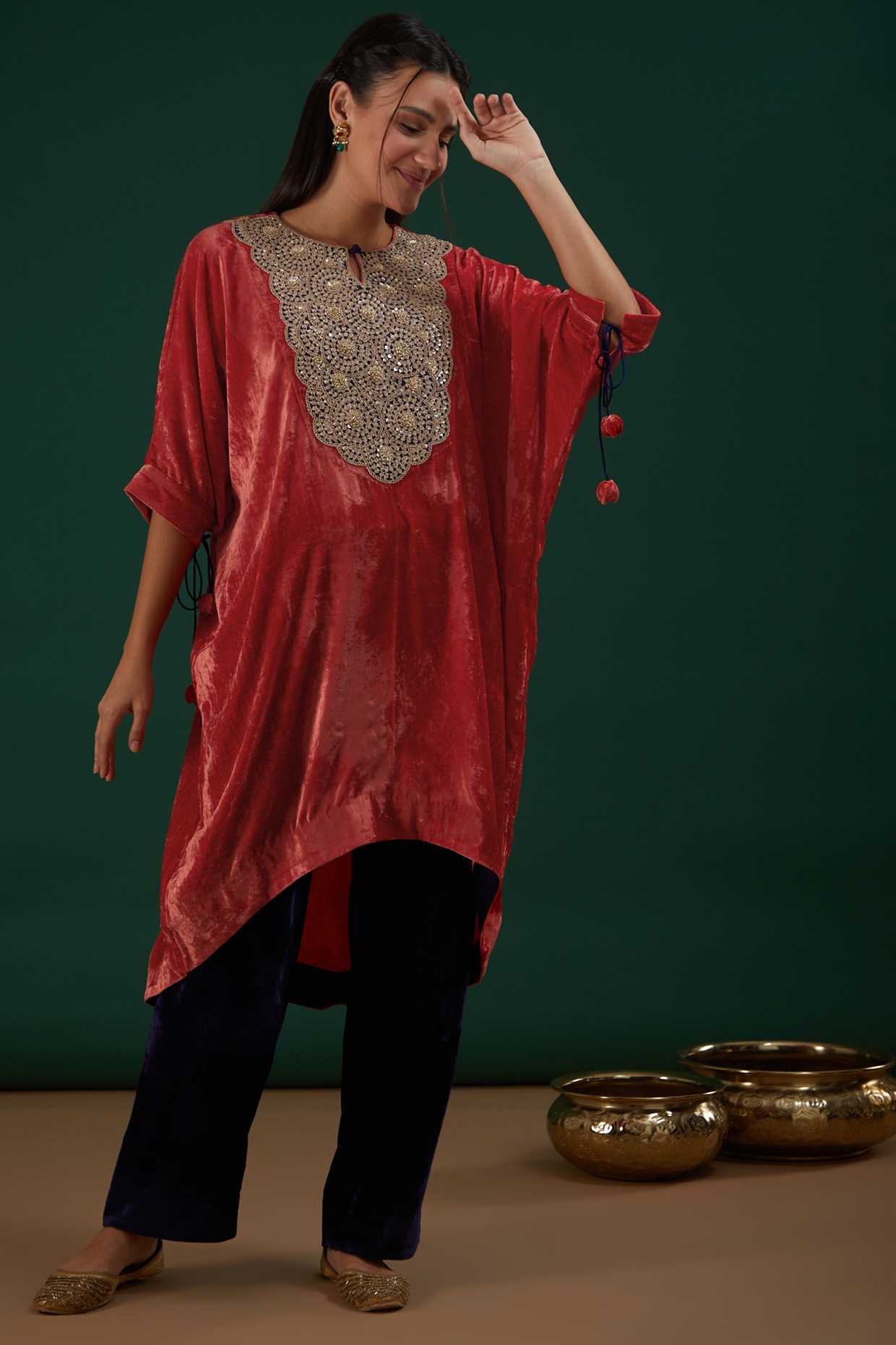Tomato Red Velvet Kaftan Set by SURBHI SHAH at Pernia's Pop Up Shop 2025