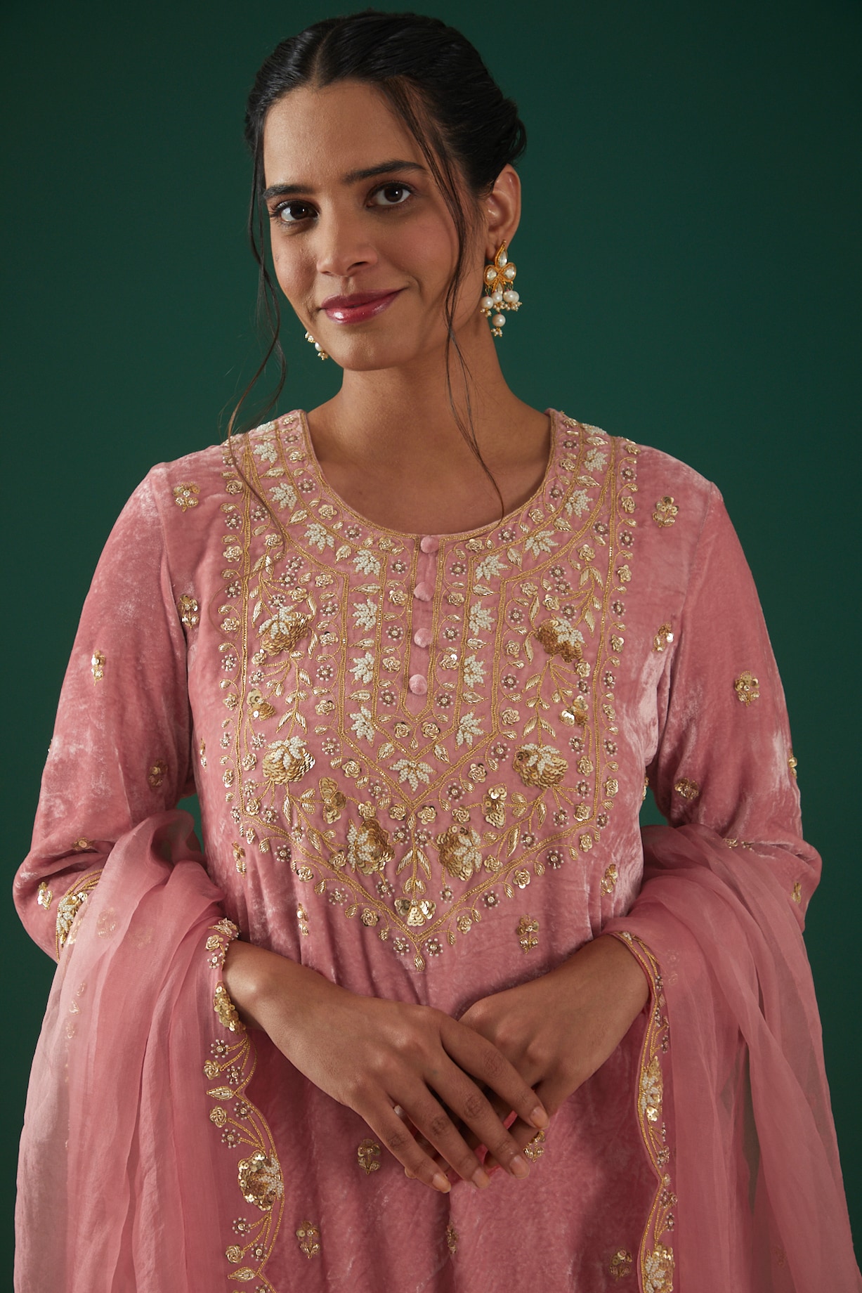 Rose Gold Velvet Hand Embroidered Kurta Set by SURBHI SHAH at Pernia's ...