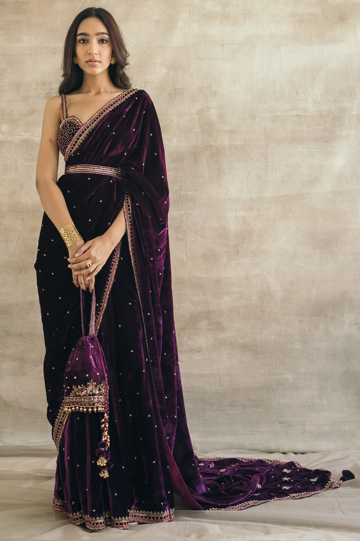 Plum Silk Velvet Embroidered Pre-Stitched Saree Set by Sureena Chowdhri ...