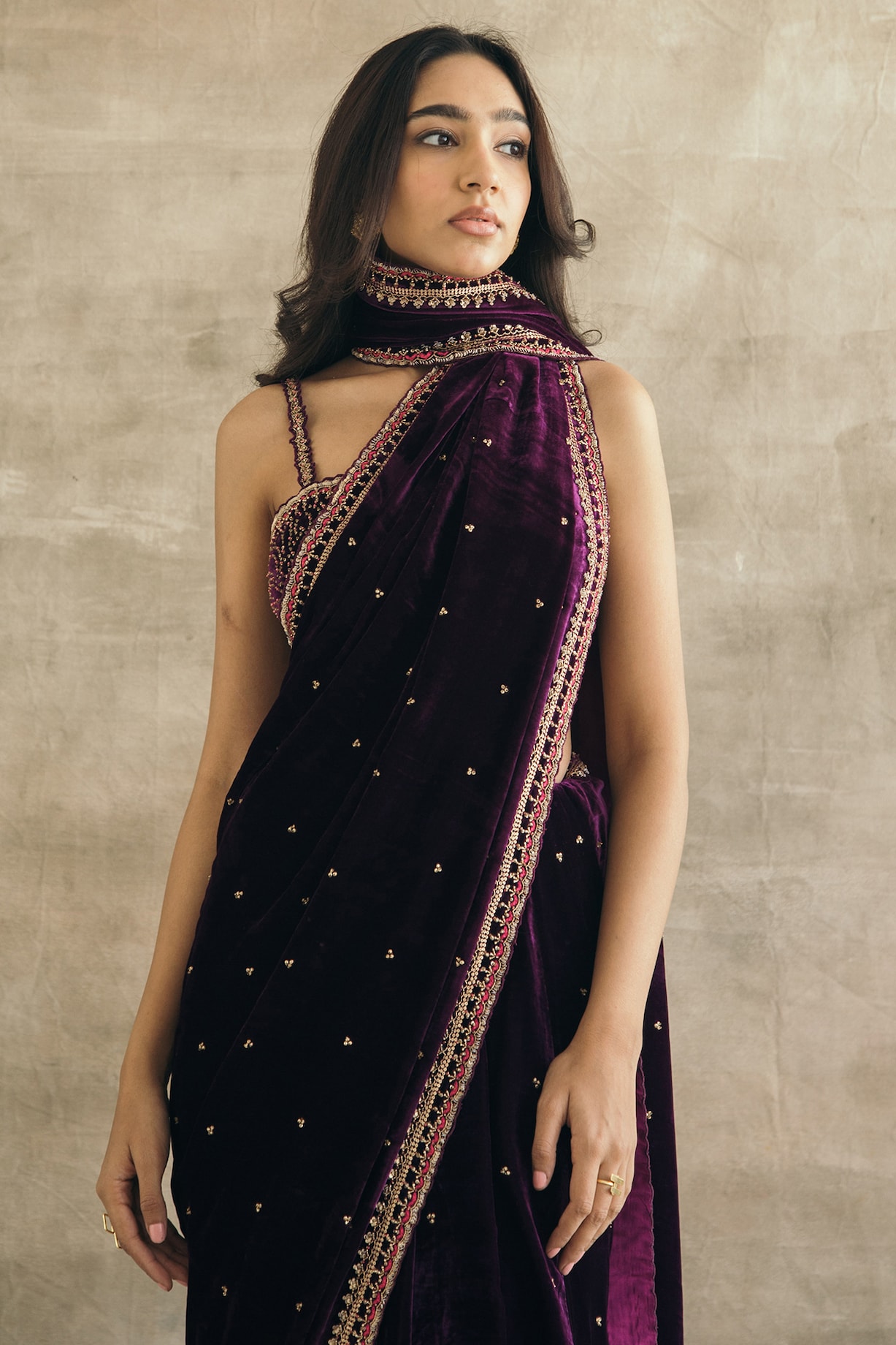 Plum Silk Velvet Embroidered Pre-Stitched Saree Set by Sureena Chowdhri ...