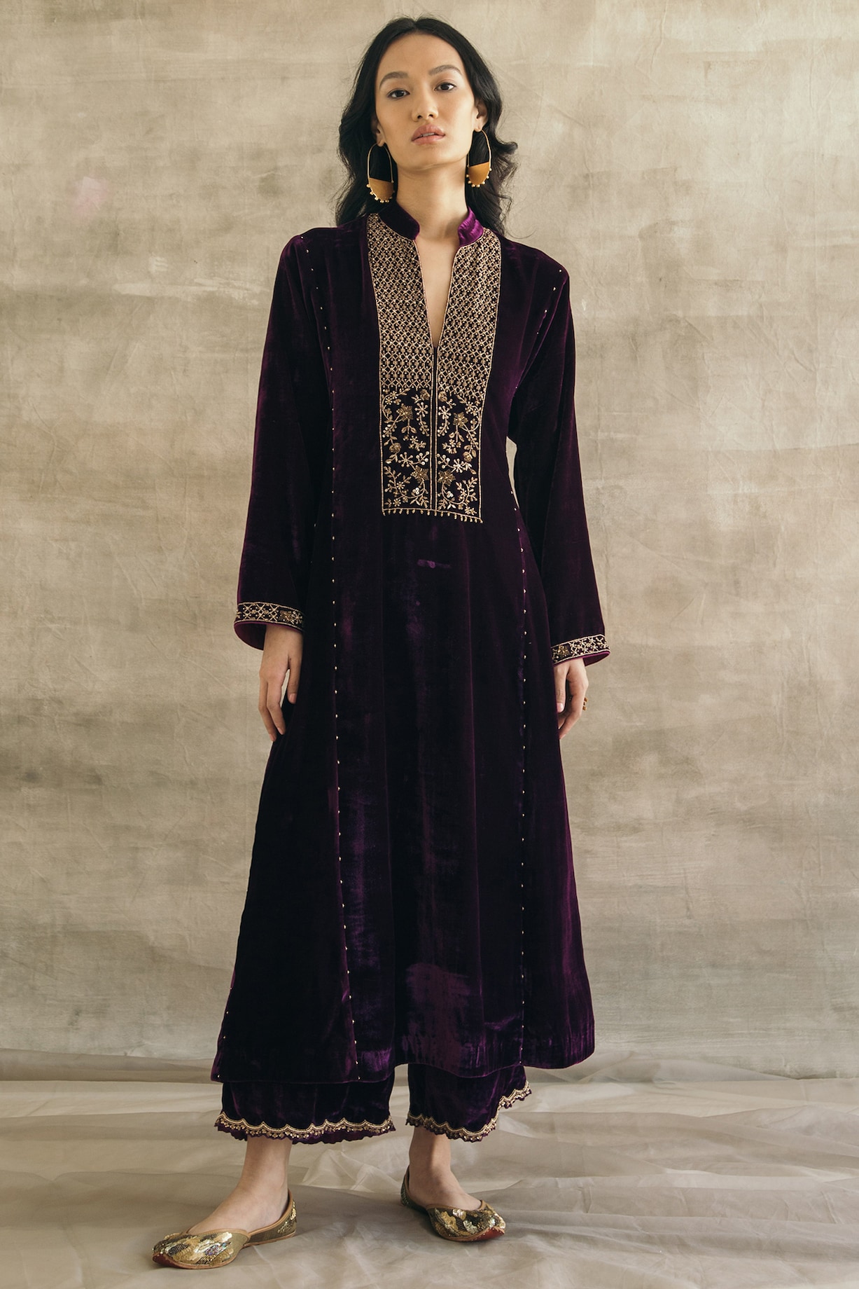 Plum Silk Velvet Embroidered Kurta Set by Sureena Chowdhri at Pernia's ...