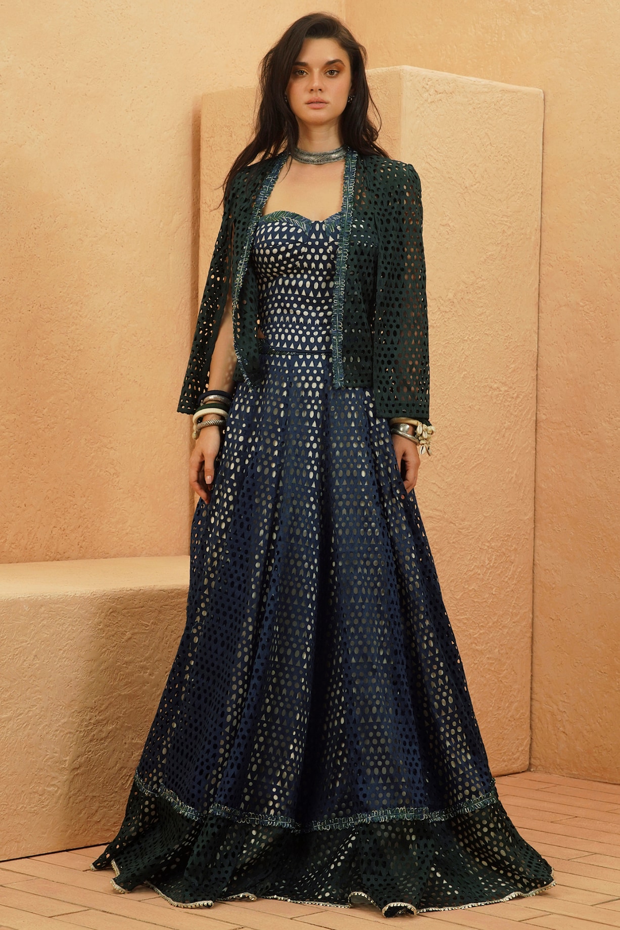 Midnight Blue Crepe Cutwork Jacket Wedding Lehenga Set by Sva at Pernia ...