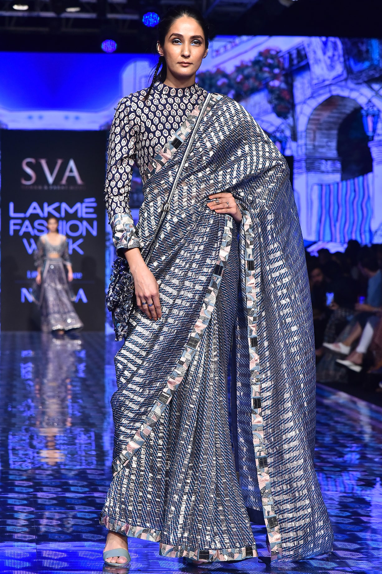 Powder Blue Chanderi Printed Saree Set by SVA BY SONAM & PARAS MODI at ...