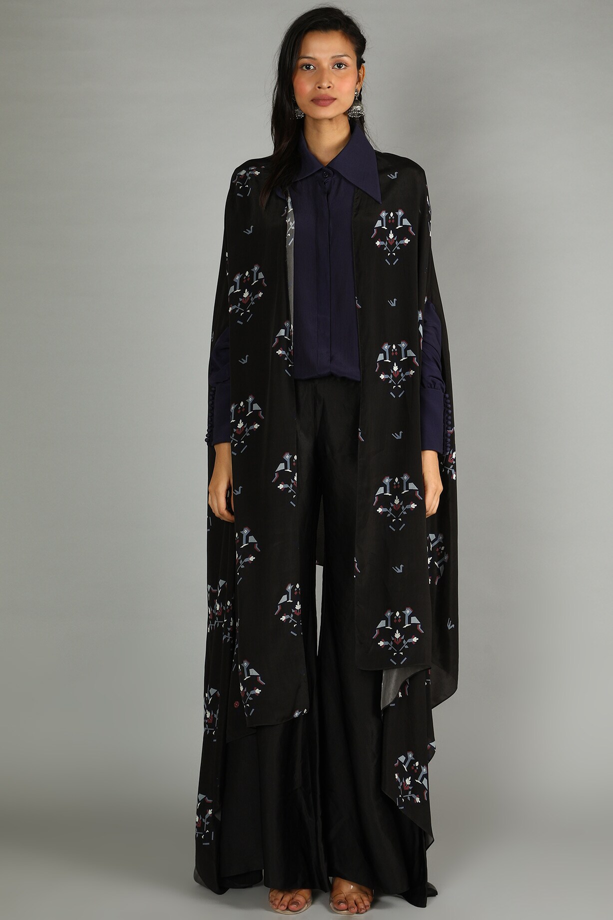 Black Printed Silk Cape Design by Sva By Sonam & Paras Modi at Pernia's ...