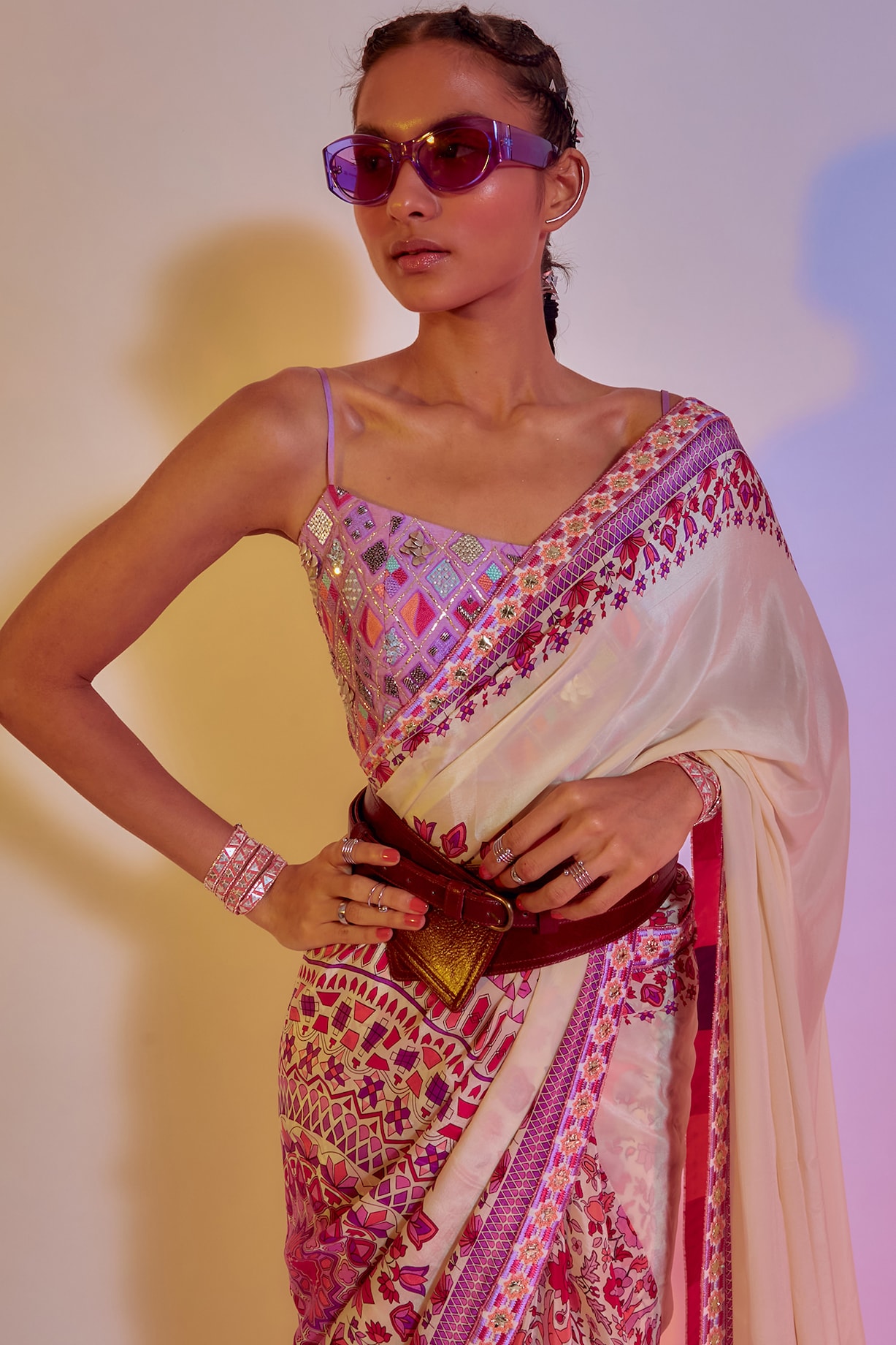 Multi-Colored Crepe Silk Floral Printed Saree Set by SVA BY SONAM ...