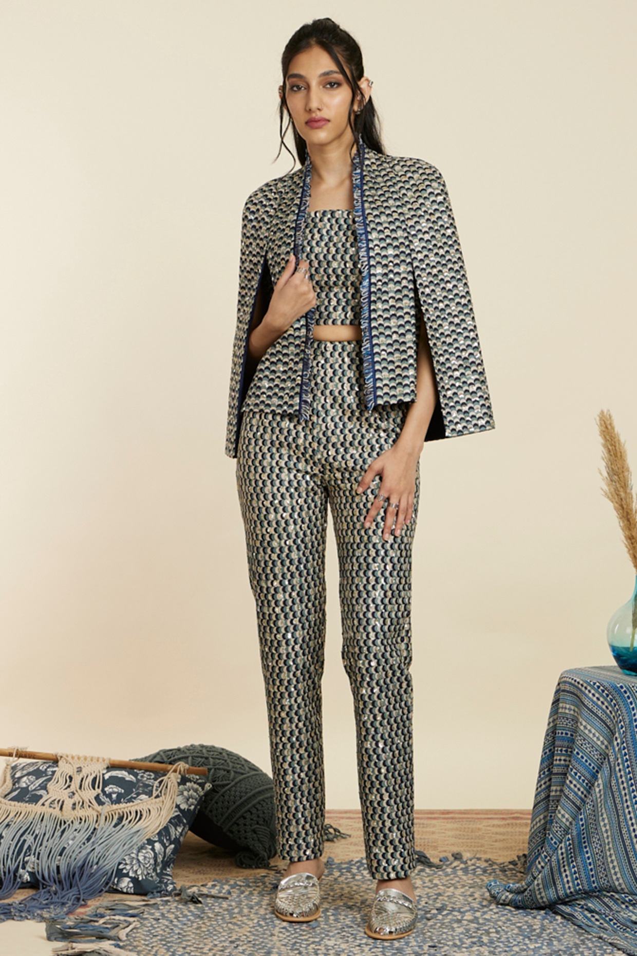 Safar Blue Crepe Embroidered Jacket Set by SVA BY SONAM & PARAS MODI at ...