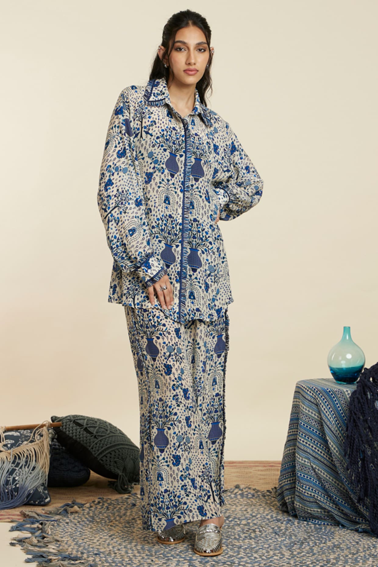 Safar Blue Crepe Jaal Printed Co-Ord Set by SVA BY SONAM & PARAS MODI ...