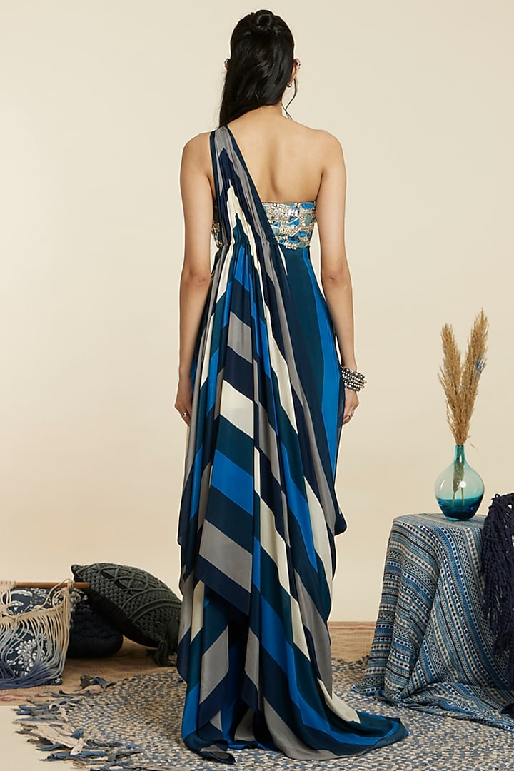 Blue Crepe Embellished & Stripe Printed Draped Gown Saree by Sva By ...