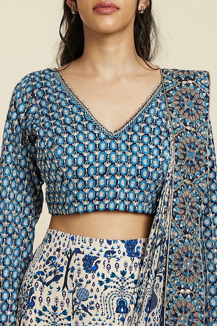 Blue Crepe Printed Sharara Saree Set by SVA BY SONAM & PARAS MODI at ...