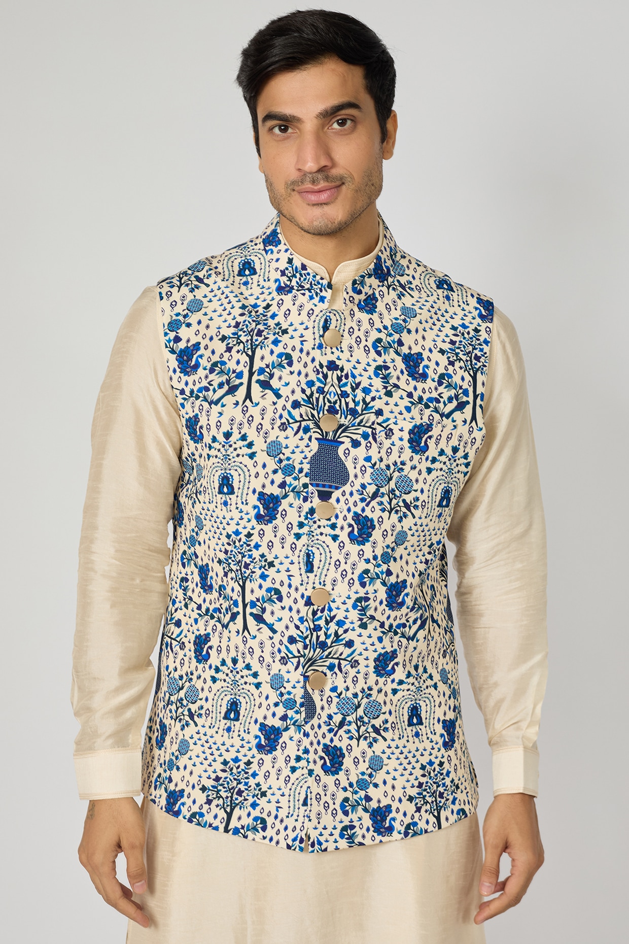 Safar Blue Crepe Jaal Printed Bundi Jacket by Sva By Sonam & Paras Modi ...