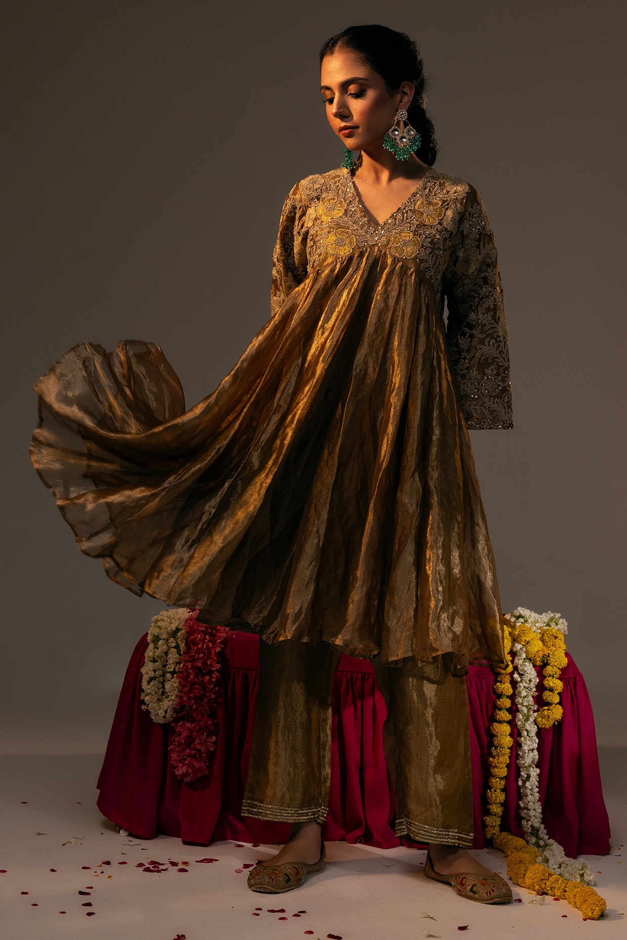 Gold Pure Tissue Sequins & 3D Floral Embroidered Flared Tunic Set by ...