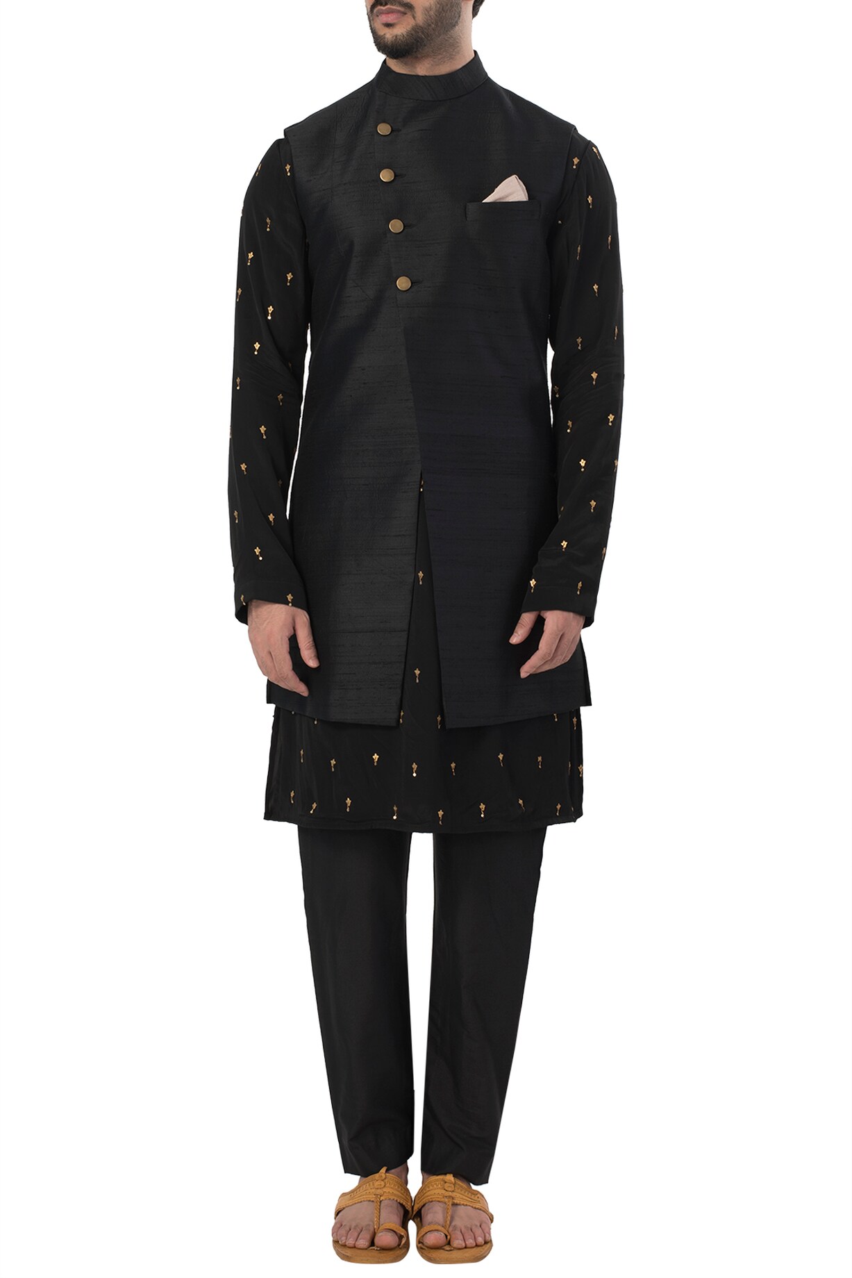 Black long nehru jacket available only at Pernia's Pop Up Shop. 2026